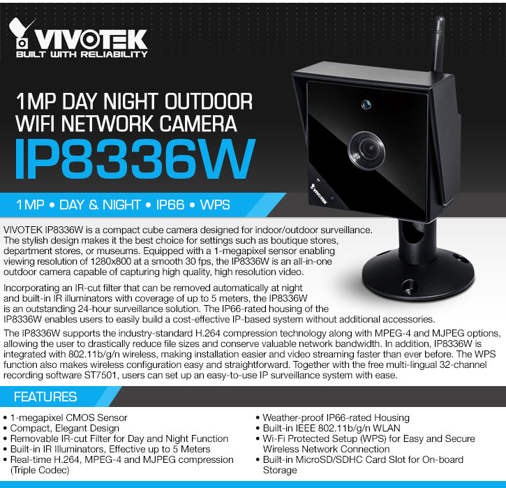 Vivotek IP8336W 1MP Indoor/Outdoor Wi-fi Network Cube Security Camera
