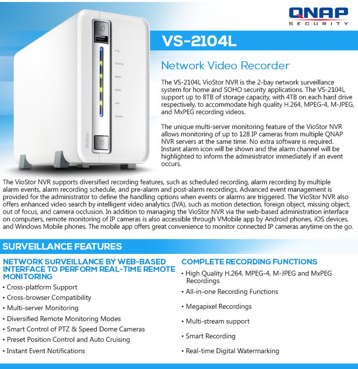QNAP VS-2104L 4ch Linux Network Video Recorder - 2 HD Bay